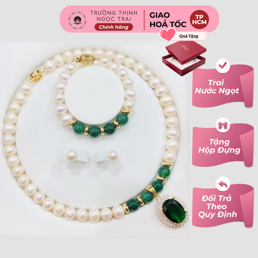 Bộ Trang Sức Ngọc Trai 10ly Bạc 925 Mix Đá Xanh Lục Sang Trọng, Thanh ...