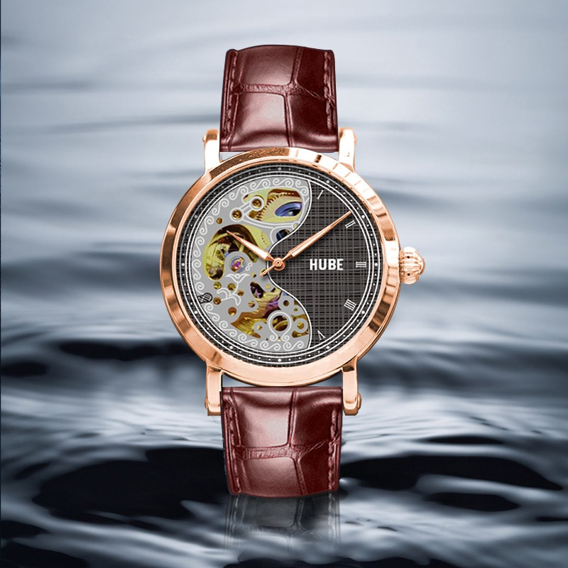 Đồng hồ cơ nam dây da HUBE 2722 automatic, đồng hồ cơ lộ máy nam mặt ...