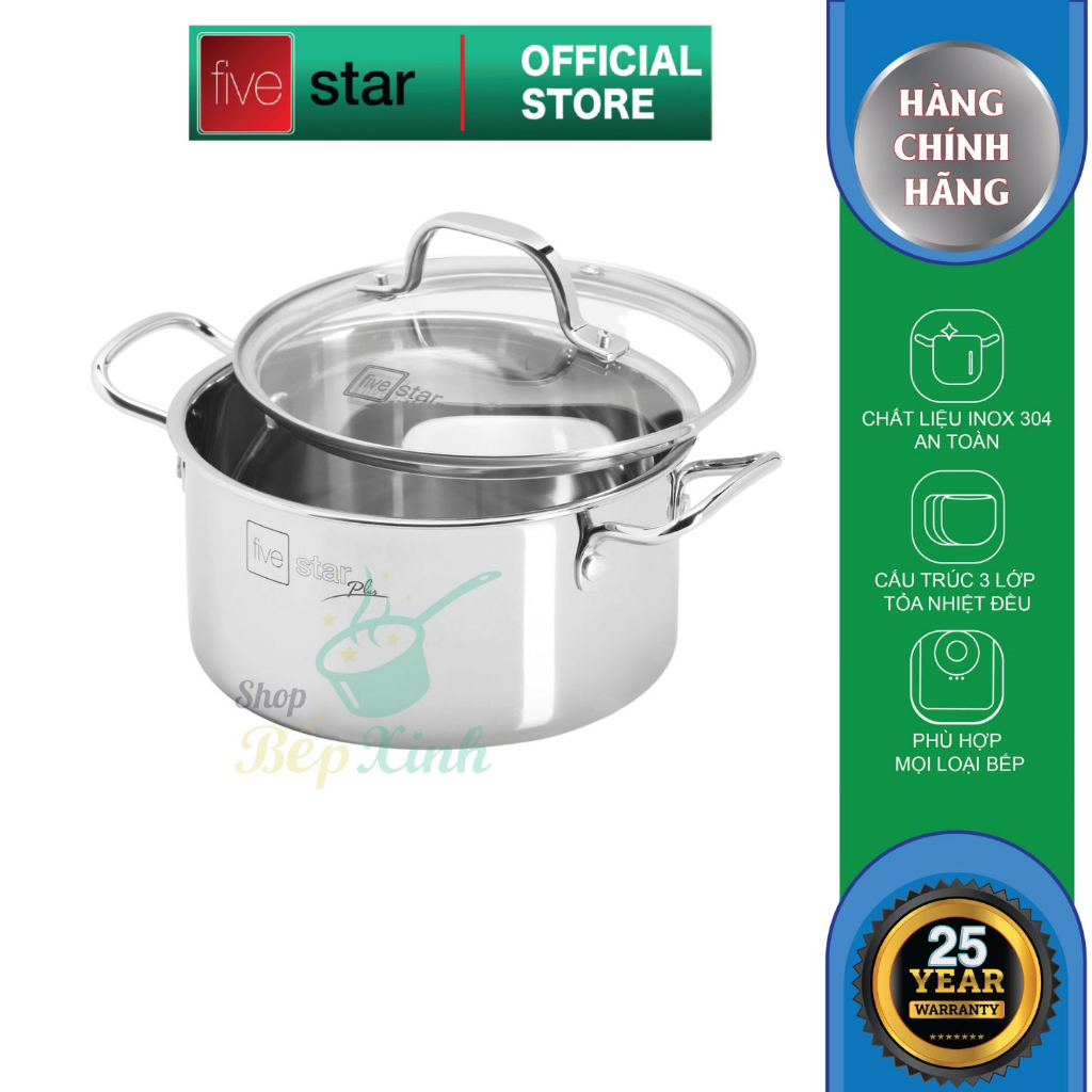 Nồi Inox 304 3 lớp đáy liền khối cao cấp Fivestar Plus 18cm | 20cm | 22cm | 24cm | 26cm | 28cm ...