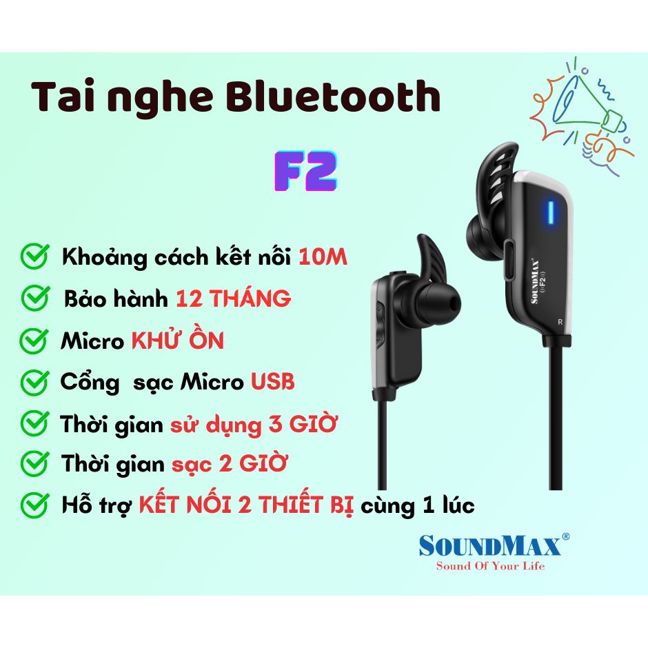 Tai nghe Bluetooth SoundMax F2 Hàng chính hãng Bảo hành 12 tháng ...