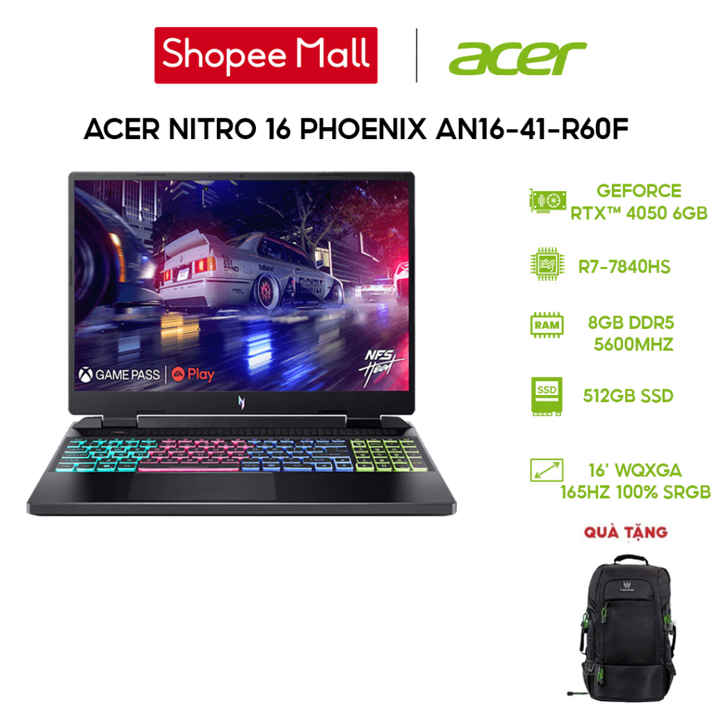 Laptop Acer Nitro 16 Phoenix AN16-41-R60F R7-7840HS|8GB|512GB|RTX™ 4050 ...