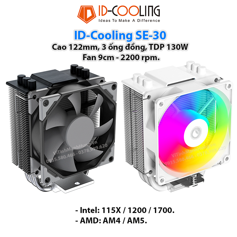 Tản nhiệt chip CPU ID-COOLING SE-30, 3 ống đồng, TDP 130W, Fan 9cm, có ...