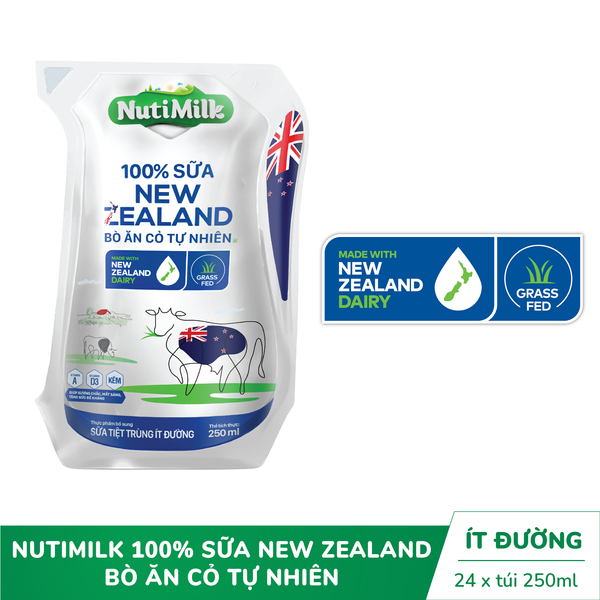 Sữa Tiệt Trùng NutiMilk New Zealand Ít đường túi Ecolean 250ml Thùng 24 ...