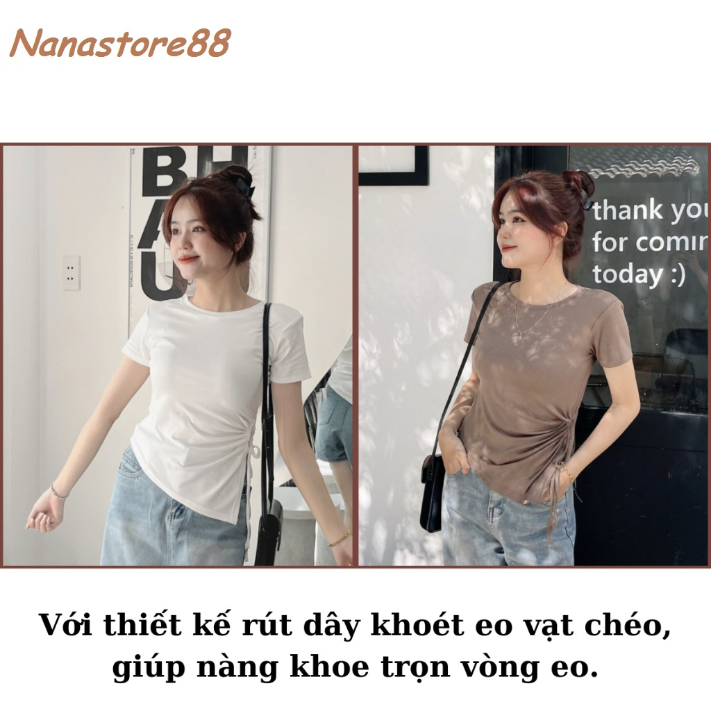 Áo thun nữ cổ tròn khoét eo bên, áo phông nữ trơn rút dây vạt chéo ...
