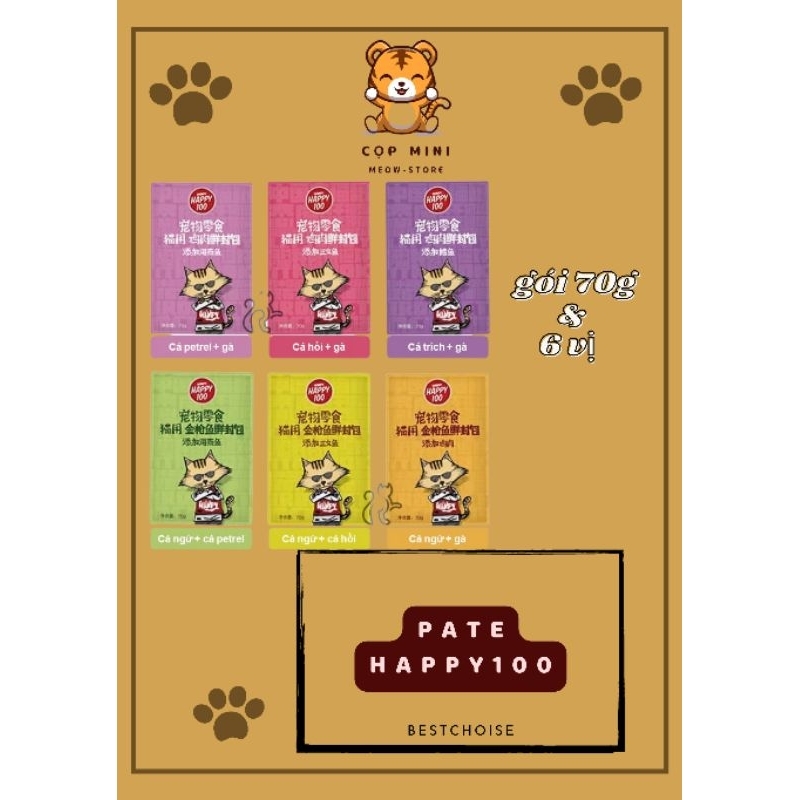 Pate gói - Happy 100 70g , thức ăn ướt cho mèo, 7 vị dễ lựa chọn ...