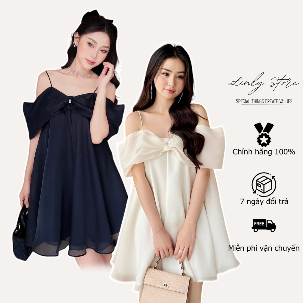Váy trễ vai nữ phối nơ bản to dáng xòe Linly Store V-VTV3 | Shopee Việt Nam