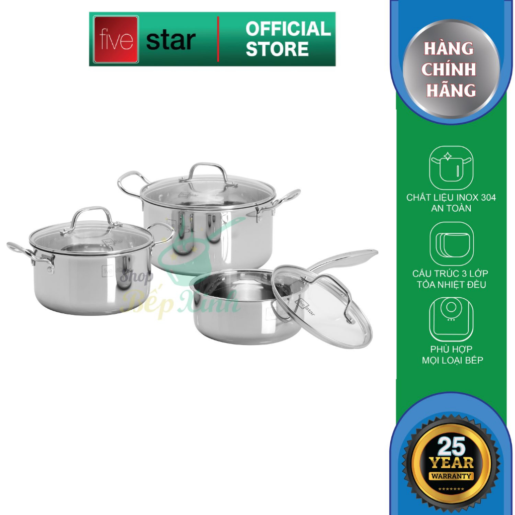 Bộ nồi inox 304 đúc liền khối 3 lớp Fivestar Plus FPB3002 size quánh18cm , nồi 20cm , 24cm ...