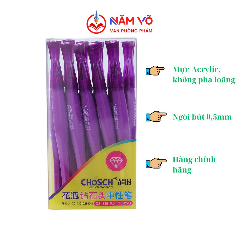 [CS885] HỘP 12 Cây Bút Viết Gel Mực Nước Nắp Hình Kim Cương Chosch CS 885/ CS-885 Ngòi 0.5mm ...