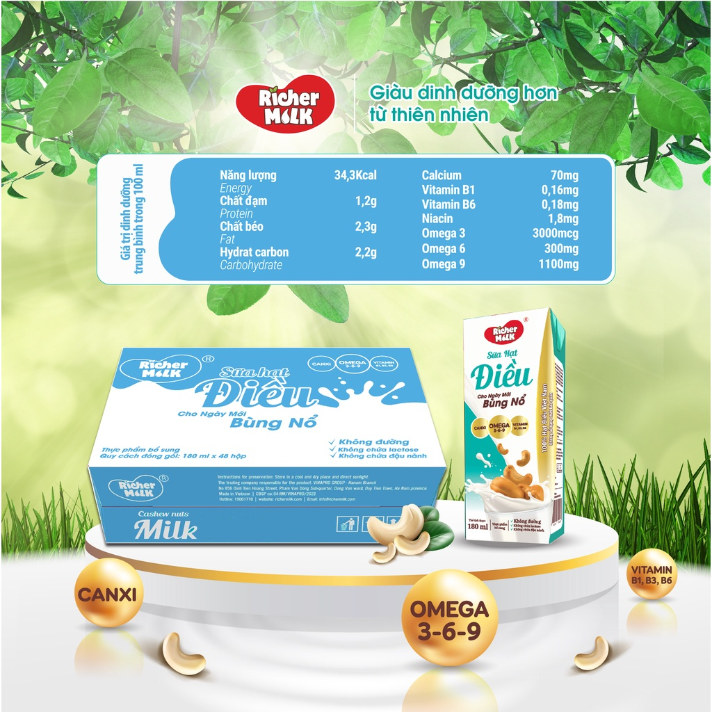 [ DATE MỚI ] Thùng 48 hộp sữa hạt điều không đường RICHER MILK 180ml ...