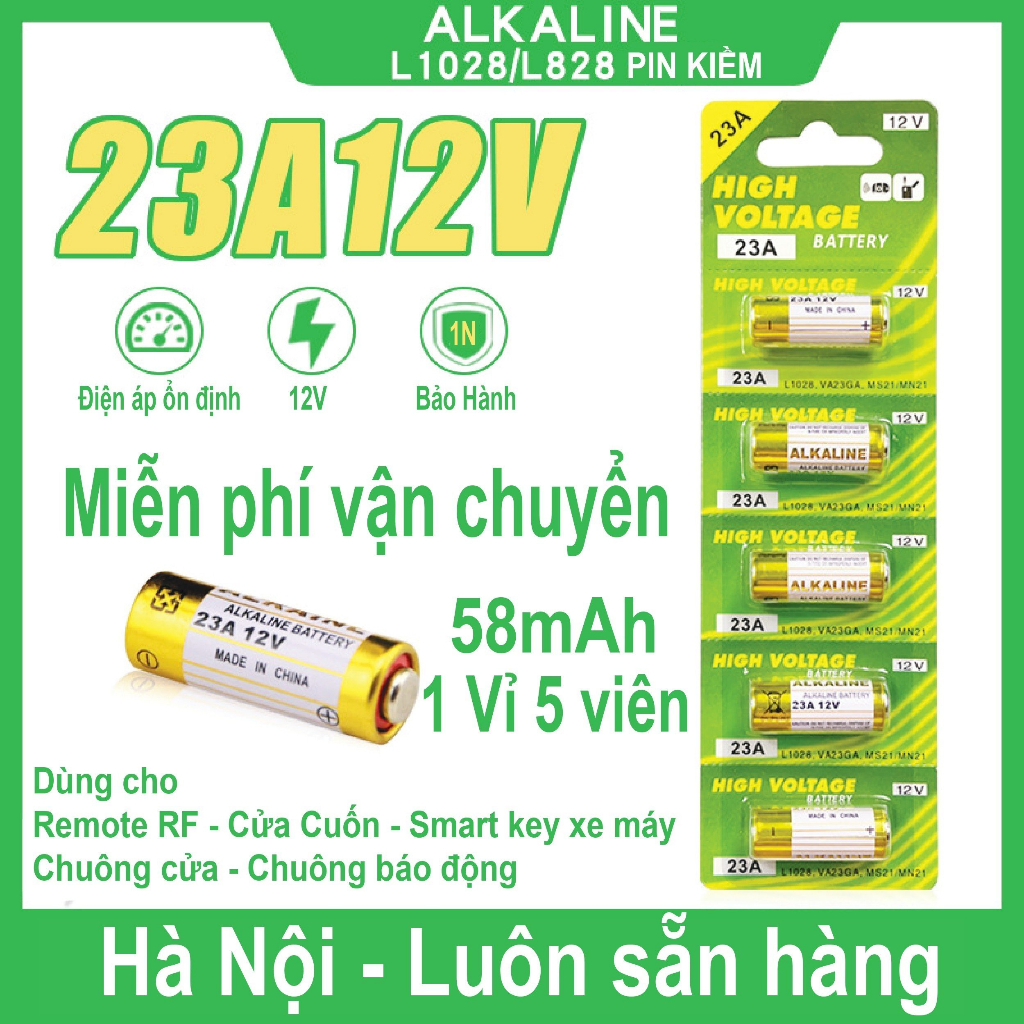 Pin 12V 23A (Vỉ 5 viên) Pin ALKALlNE 23A 12V, Pin kiềm cao cấp chìa khoá điện, điều khiển cửa ...