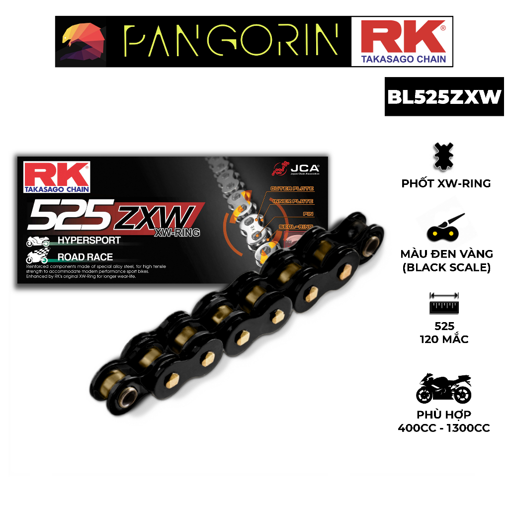 Sên xe phân khối lớn RK Takasago Chain mã BL-525-ZXW, màu Đen Vàng, phốt cao su XW-ring, kích ...