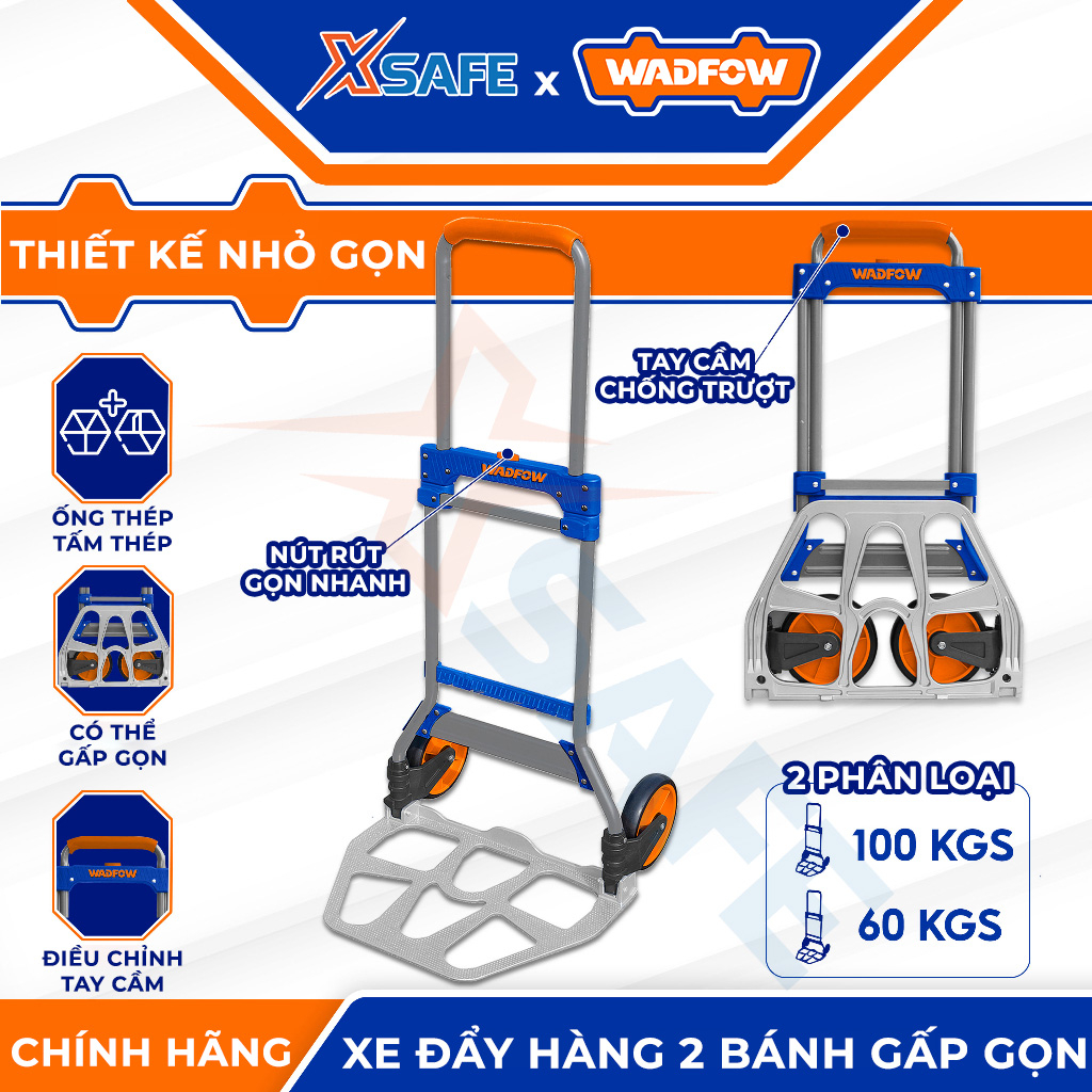 Xe đẩy hàng gấp gọn 2 bánh WADFOW tải trọng 60-100kg, xe kéo hàng gấp ...