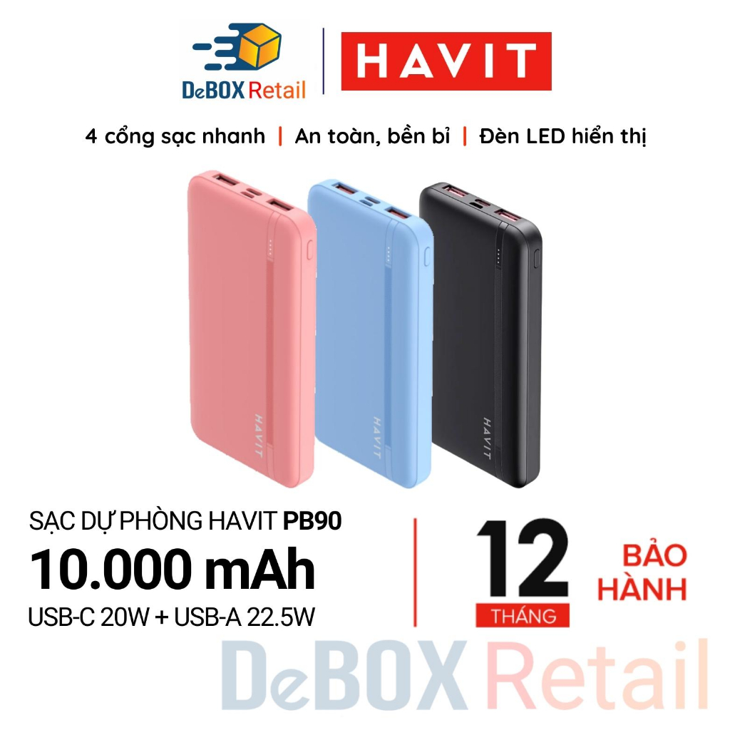 Pin Sạc Dự Phòng HAVIT PB90 10.000 mAh, Sạc nhanh USB-C PD 20W, USB-A ...