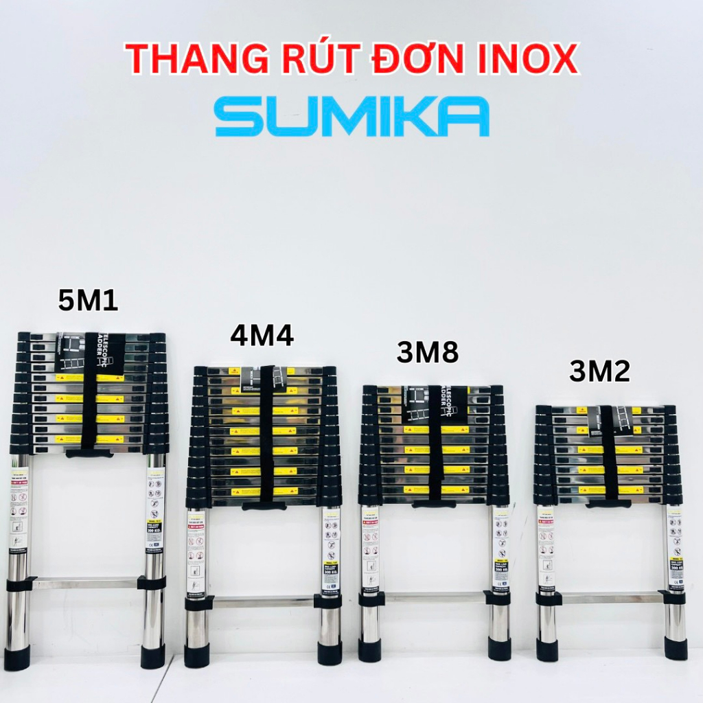 Thang rút đơn inox xếp gọn SUMIKA 3.2m, 3.8m, 4.4m, 5.1m. Tải trọng 300kg. Bảo hành 2 năm ...