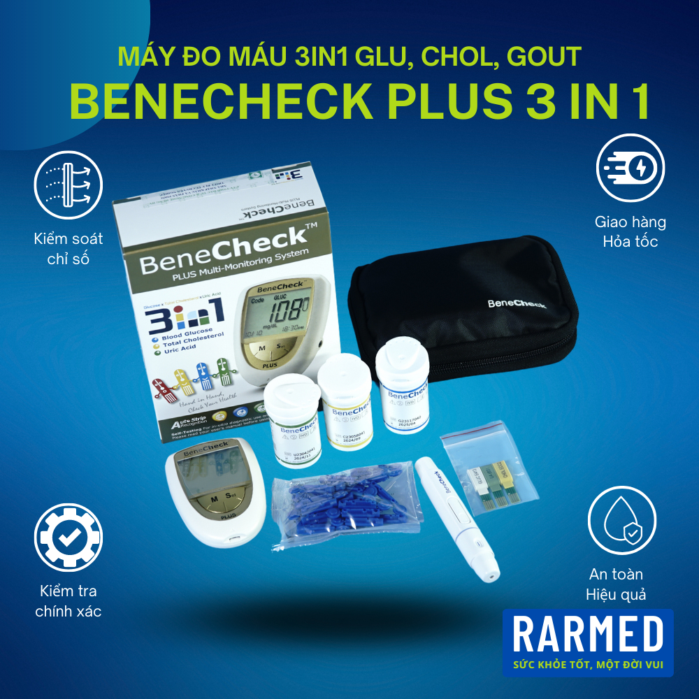 Máy đo đường huyết, mỡ máu, gout Benecheck Plus 3 in 1 đa chức năng + 3 ...