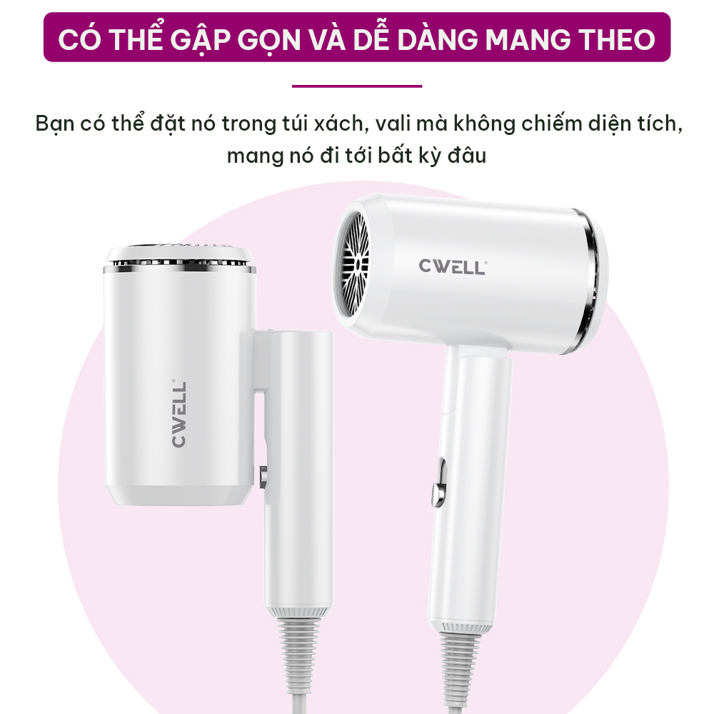 Máy sấy tóc CWell 1800W gập gọn 2 chiều nóng lạnh, 3 chế độ nhiệt, ánh ...