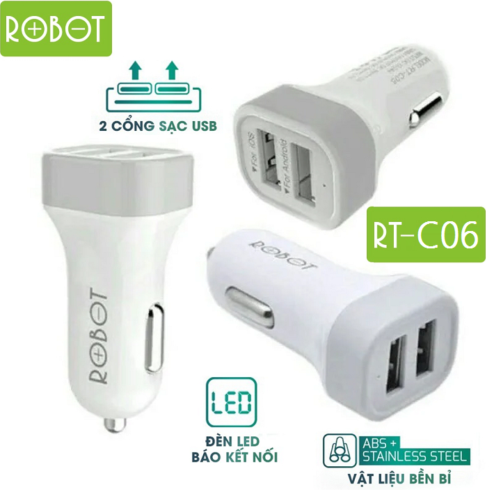 Cốc Sạc Nhanh Xe Ô Tô 2 Cổng USB 5V/2.4A ROBOT RT-C06 có đèn LED và ...