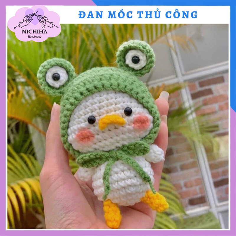 Móc khoá vịt con đội mũ ếch handmade bằng len, dệt kim, đan tay, làm ...