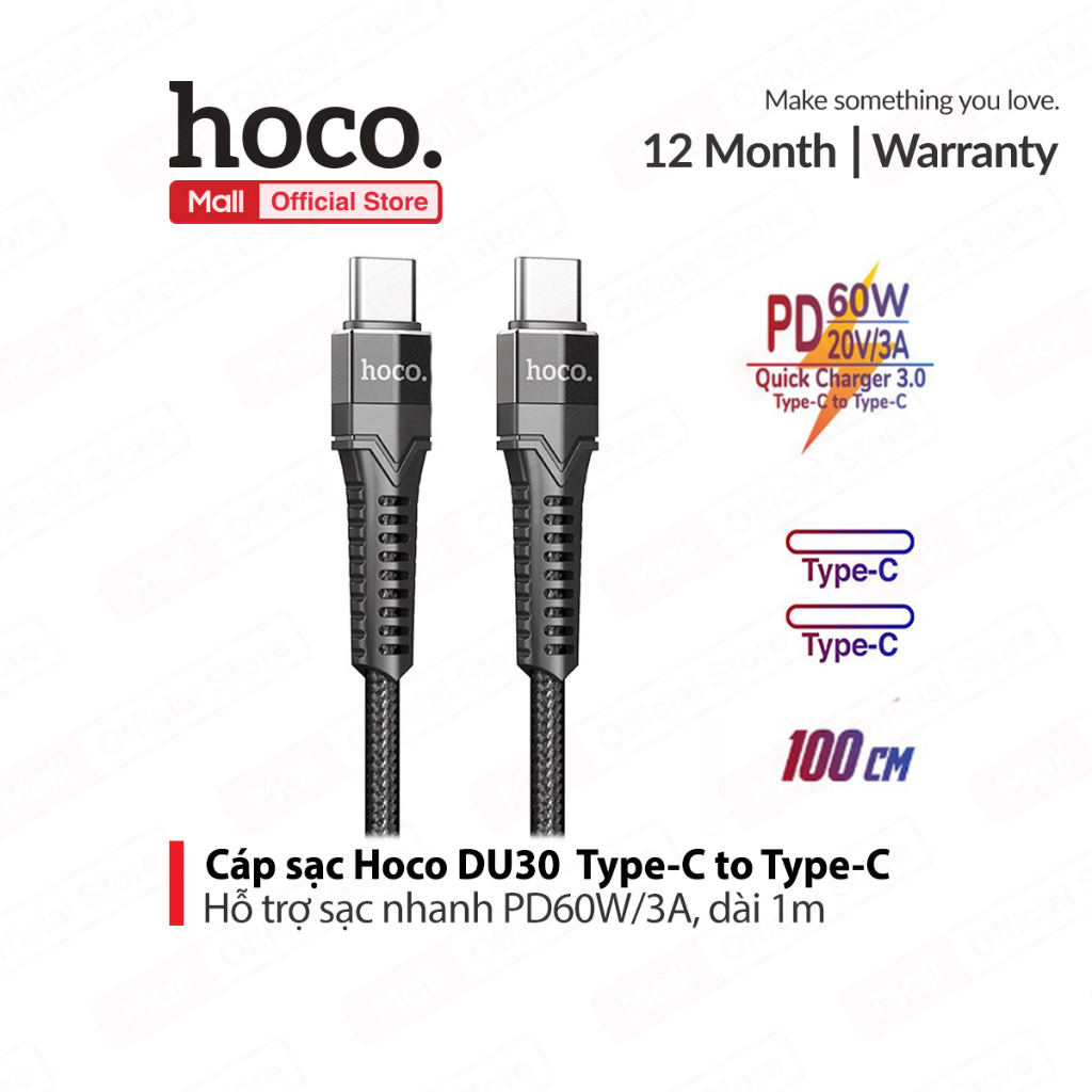 Dây sạc nhanh TypeC to TypeC Hoco DU30 hỗ trợ sạc PD60W/3A, truyền dữ ...