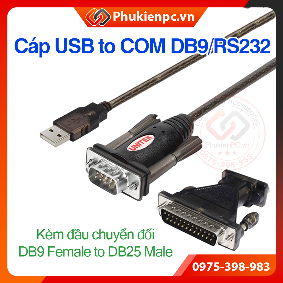 Cáp USB to COM DB9 RS232 Unitek, Đầu nối DB9 to DB25 LPT Kết nối máy ...