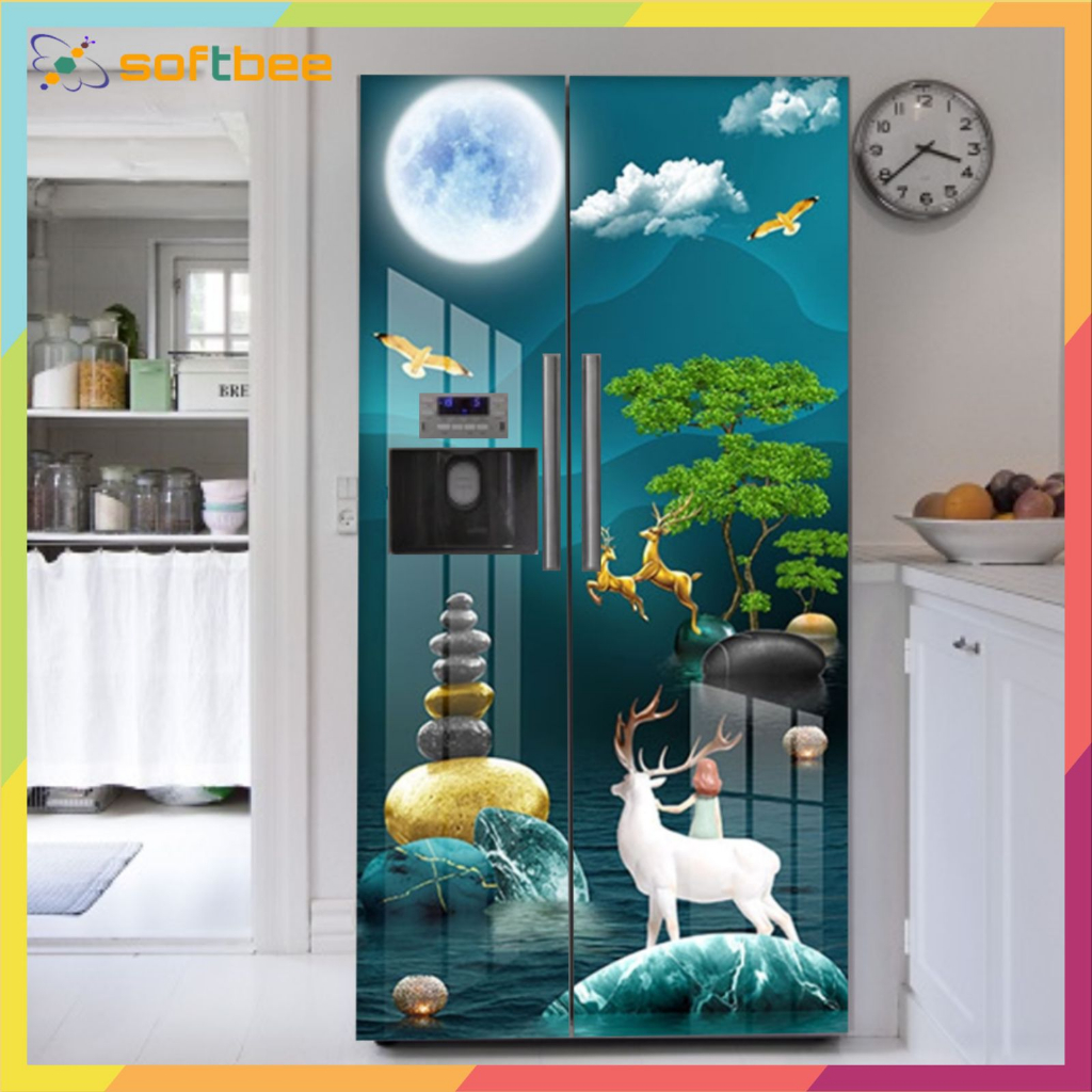 Dán tủ lạnh bằng decal chống nước hình hươu cảnh tiên mực in hình sắc ...