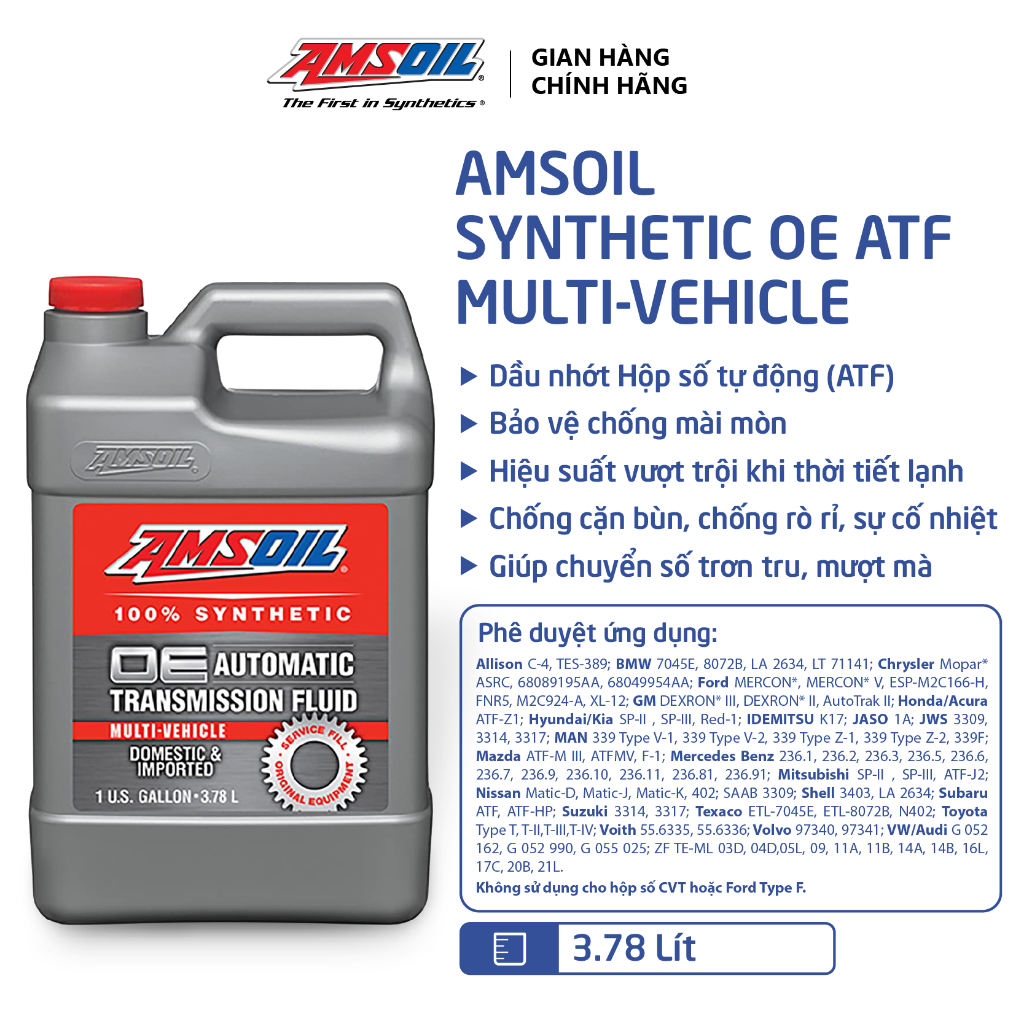 Dầu nhớt hộp số tự động AMSOIL OE Multi-Vehicle ATF 100% Tổng hợp 3.78L ...