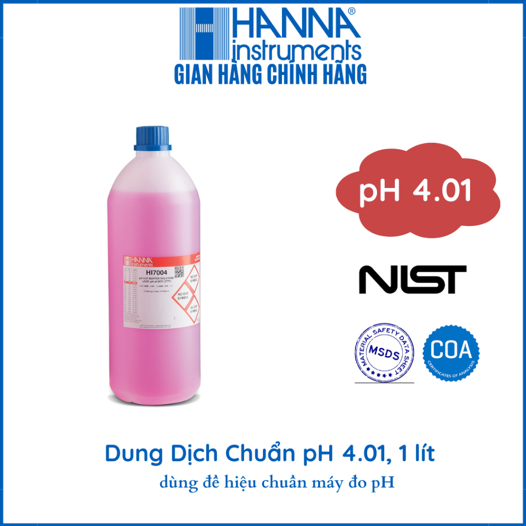 DUNG DỊCH CHUẨN NIST pH4.01 ĐỂ KIỂM TRA/HIỆU CHUẨN LẠI BẤT KỲ MÁY ĐO pH, 1000ML, HANNA HI7004/1L ...