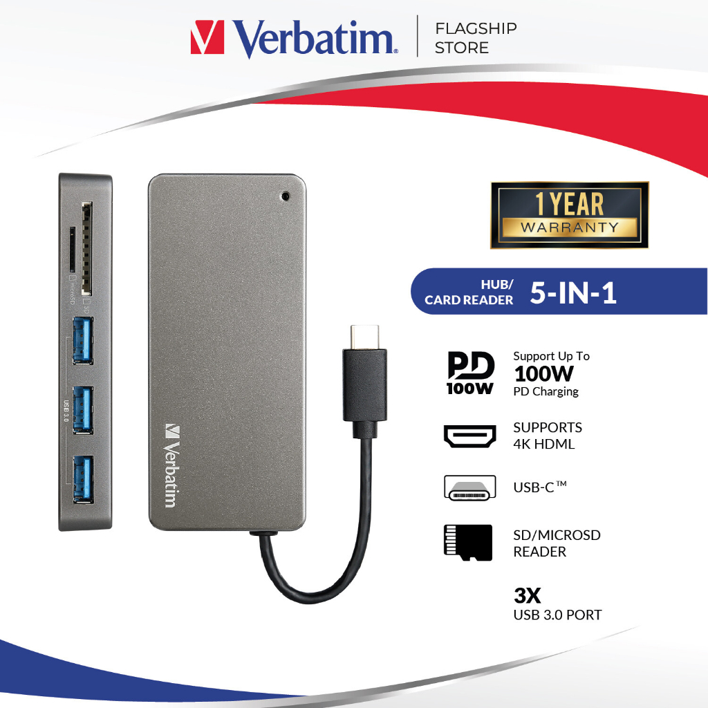 Đầu đọc thẻ Verbatim 5-in-1 USB & Card Reader Hub (Grey)Type-C Hub with ...