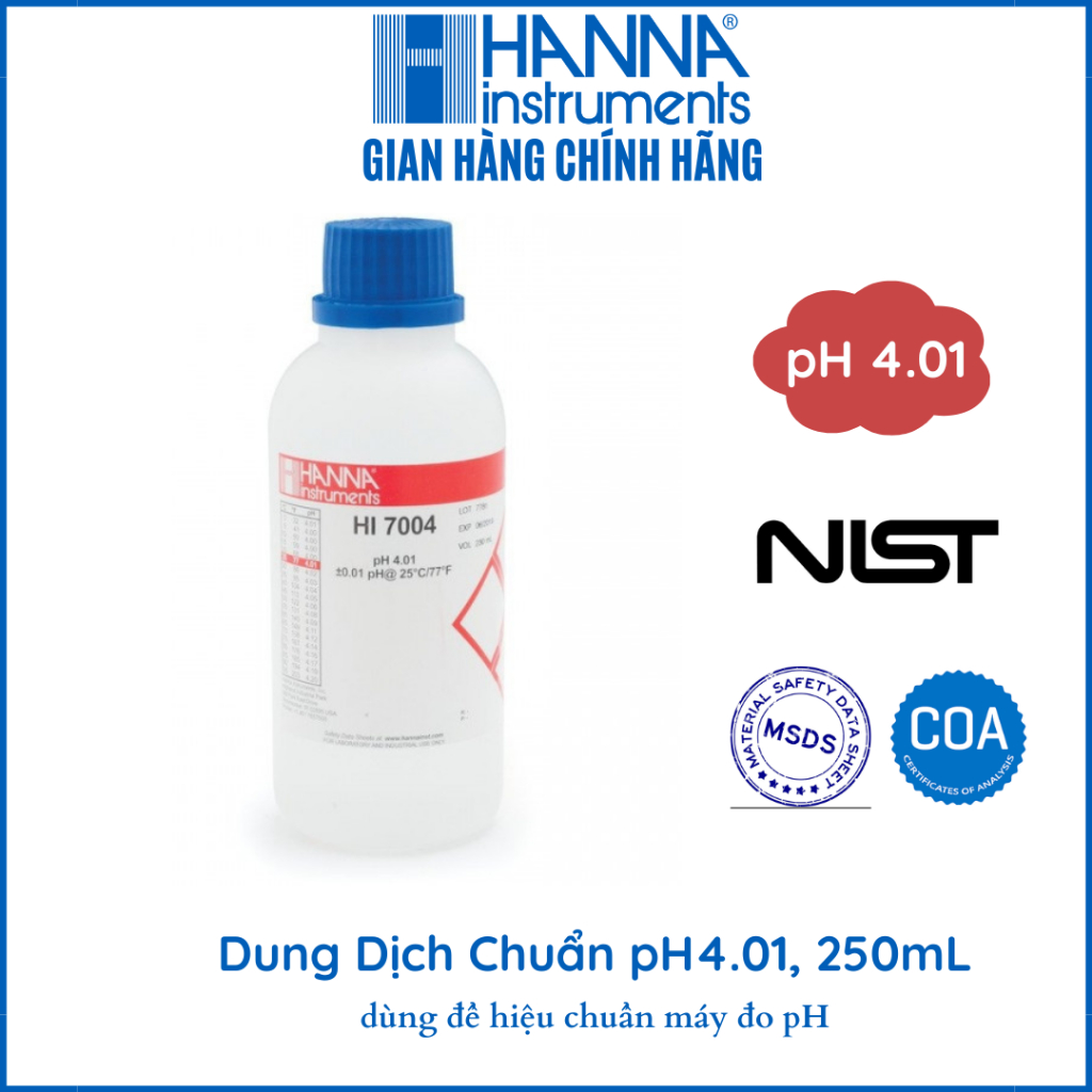 Dung Dịch Chuẩn NIST pH4.01 Để Kiểm Tra/Hiệu Chuẩn Lại Bất Kỳ Máy Đo pH Nào,250mL,HANNA HI7004M ...