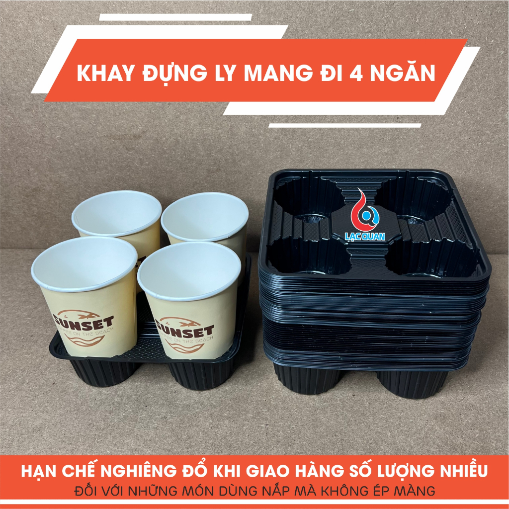 [100 CÁI] Khay nhựa đựng 4 ly Take Away, khay nhựa đen 4 ô đựng ly Cafe ...
