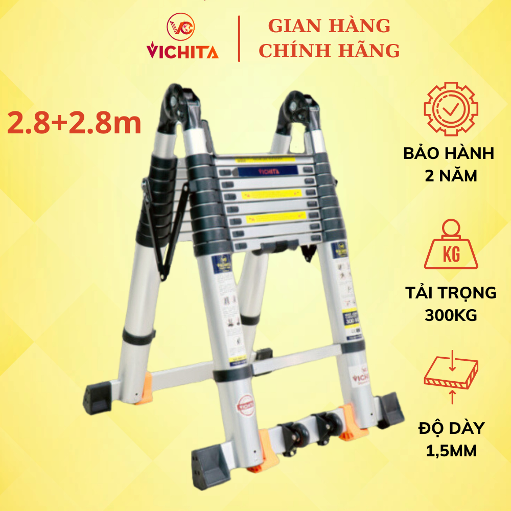 Thang nhôm rút đôi chữ A VICHITA 5m6 (2m8 + 2m8) Bản cao cấp, có bánh ...