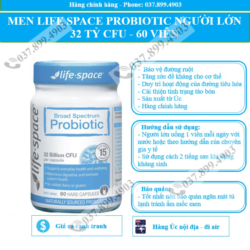 MEN VI SINH LIFE SPACE PROBIOTIC CHO NGƯỜI LỚN 32 TỶ CFU 40-60-90 VIÊN ...