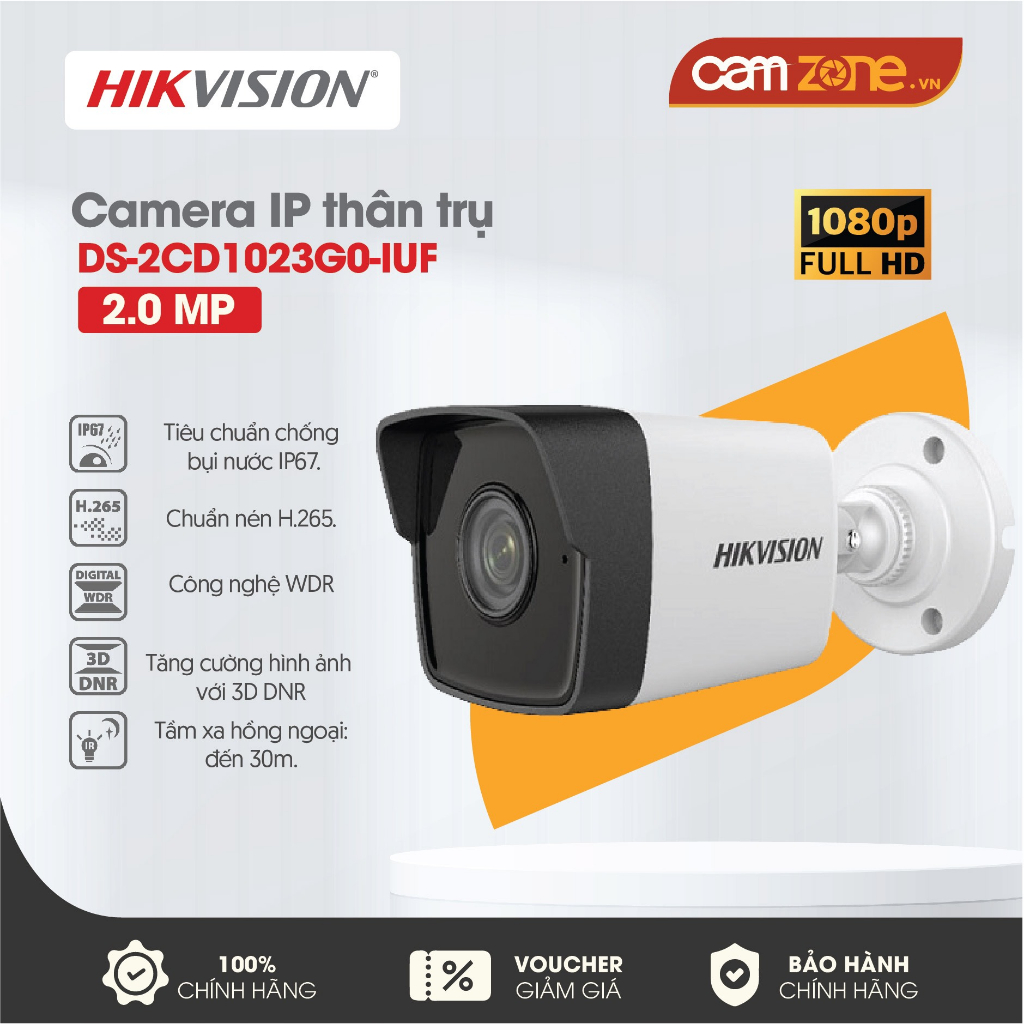 Camera IP HIKVISION Thân Trụ DS-2CD1023G0-IUF, Chuẩn nén H.265, Chuẩn IP67, Đèn hồng ngoại 30M ...