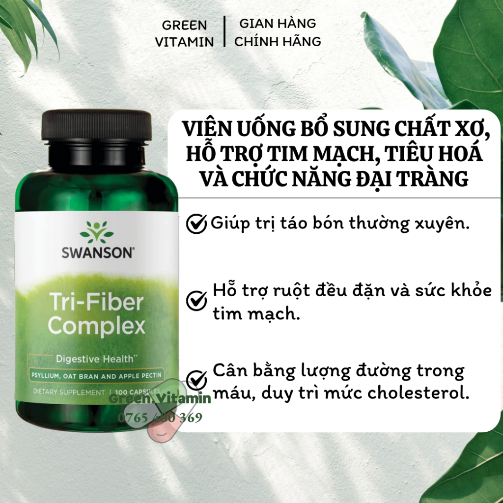 Swanson Tri-Fiber Complex Psyllium Viên uống bổ sung chất xơ, hỗ trợ ...
