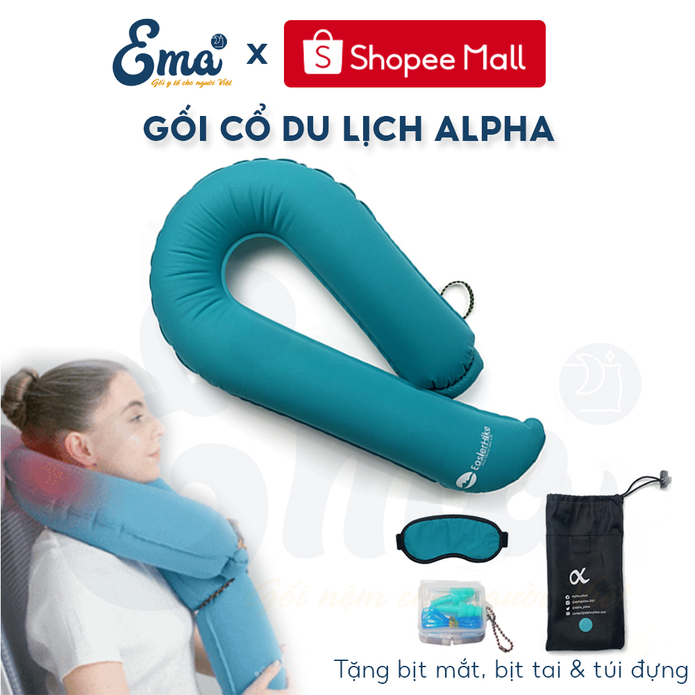 Gối kê cổ du lịch bơm hơi Alpha EMA - Tặng kèm bịt mắt, bịt tai, túi ...