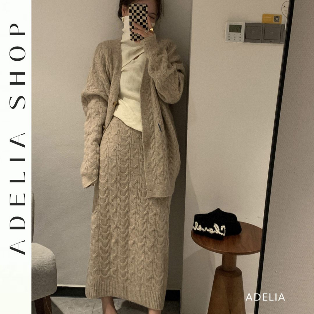 「ADELIA」Set Váy Áo Len Quảng Châu Gồm Áo Khoác Len Cổ V Và Chân Váy Len ...