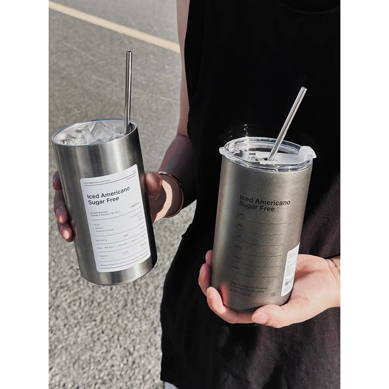 Ly giữ nhiệt bình nước 600ml iced Americano inox 304 kèm ống hút ( tặng túi trong + cọ ...