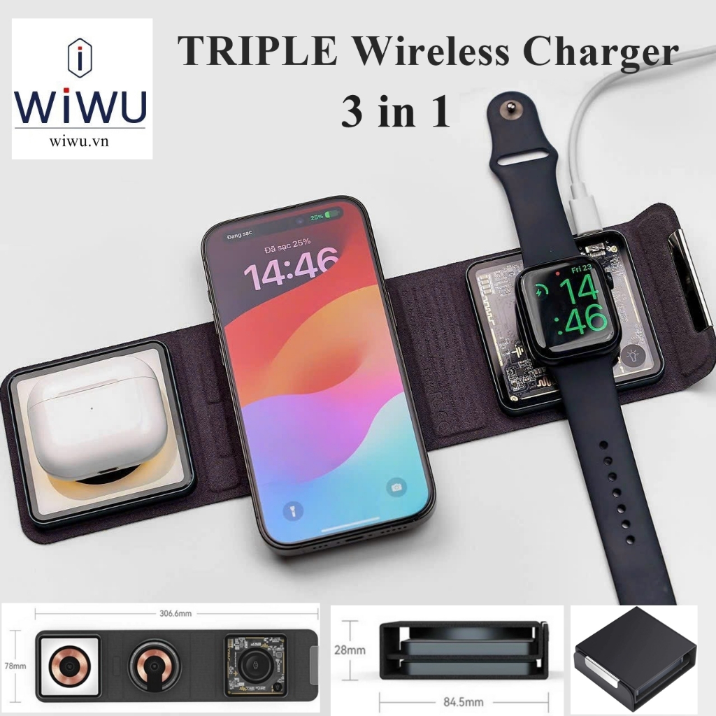 WIWU Triple Wireless Charger 3 in 1 – Đế sạc nhanh gập gọn cho 3 thiết ...