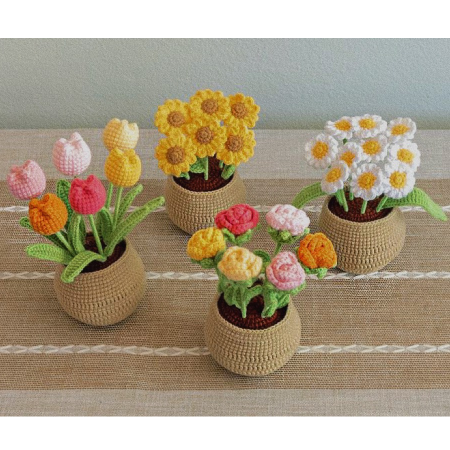 Chậu tulip len, chậu hoa cúc len, chậu hướng dương len,quà tặng ...