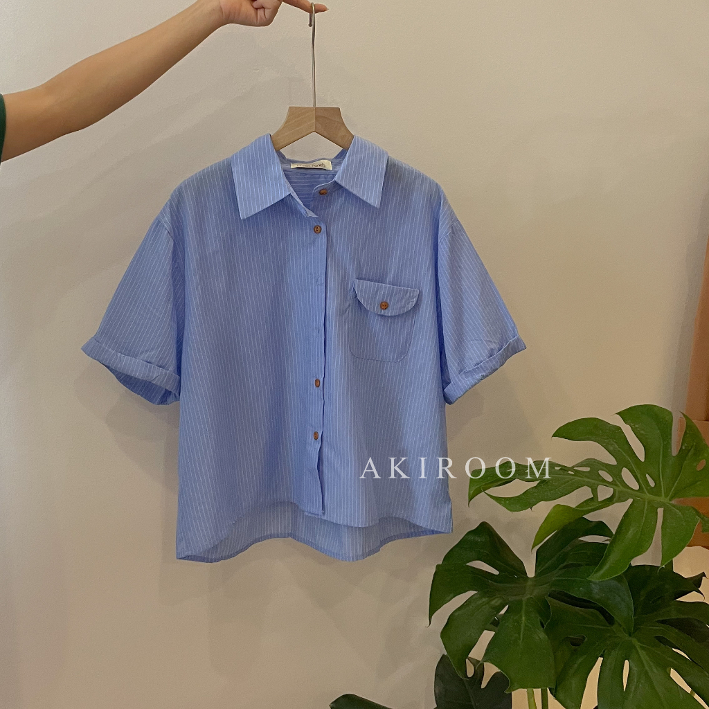 Áo sơ mi thô kẻ sọc dọc tay cộc gập gấu túi ngực trái 220140 (Xanh ...