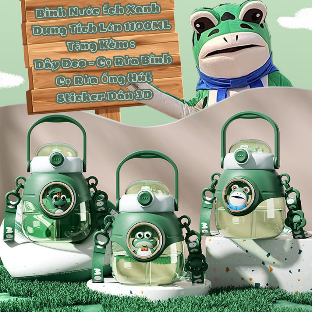 [Bình Nước Ếch Xanh 2023]Dung Tích Lớn Kèm Ống Hút, Dây Đeo, Sticker 3D ...