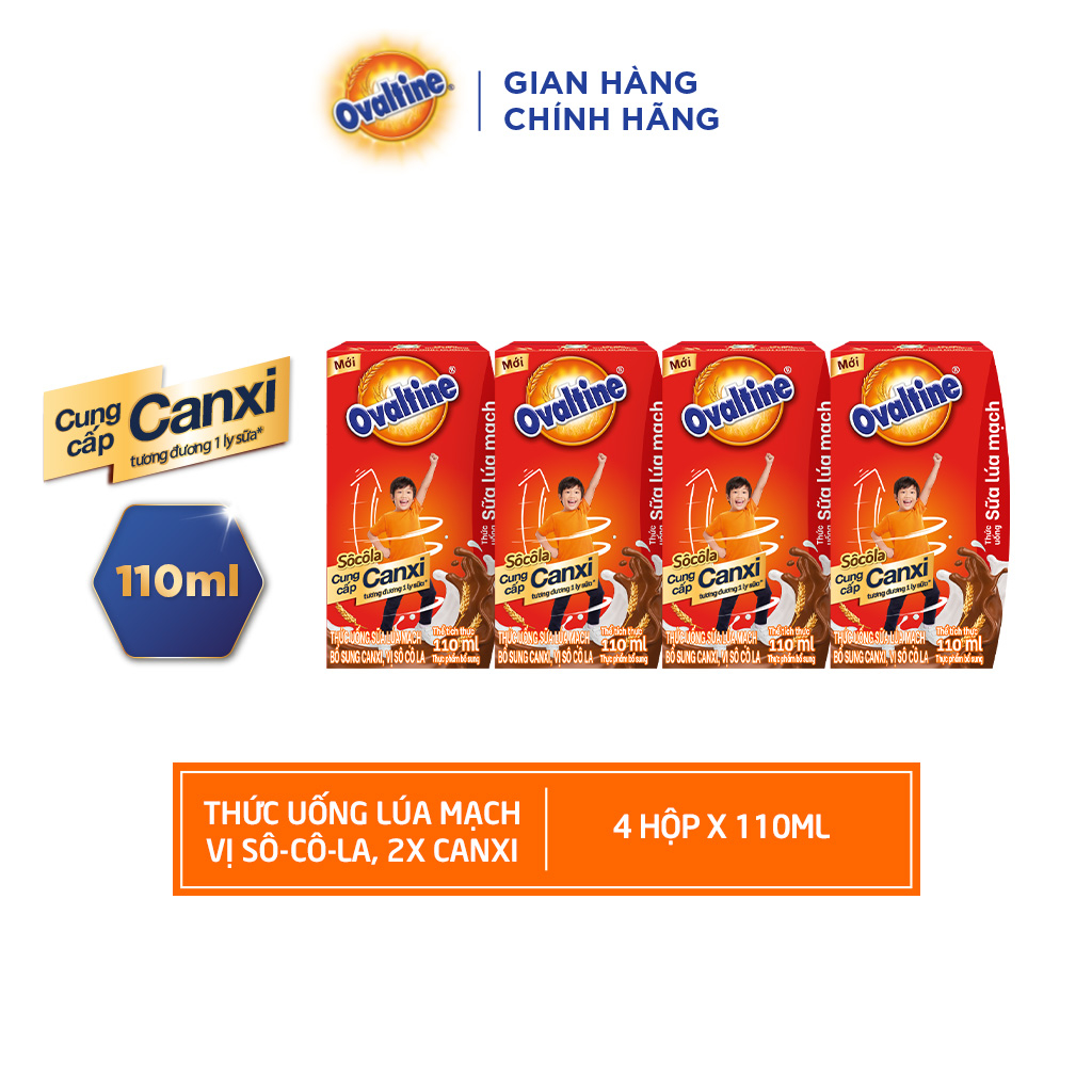 Thức uống lúa mạch thêm Canxi hương vị sô-cô-la Ovaltine (110ml x 4) | Shopee Việt Nam