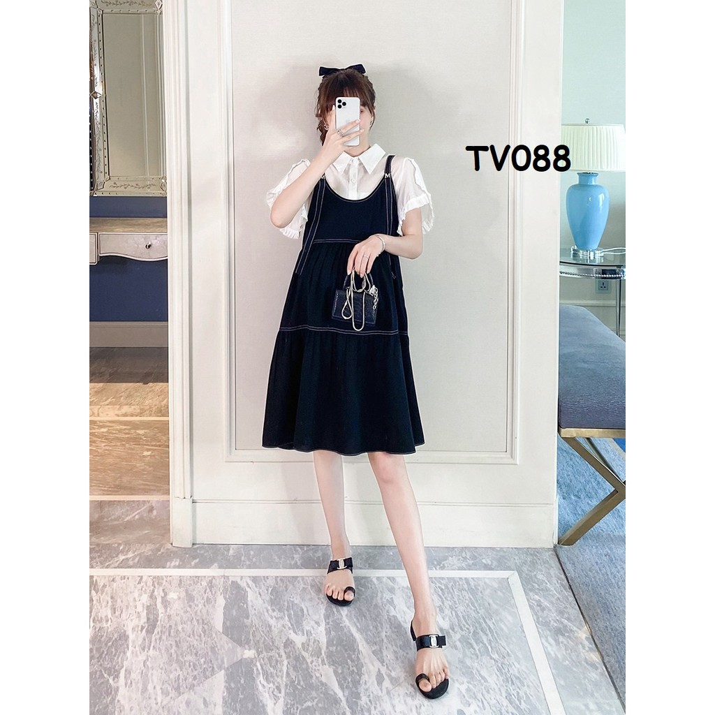 [HANNA 40-70KG] Đầm Yếm bầu liền công sở dáng baby doll vải mềm mát có ...