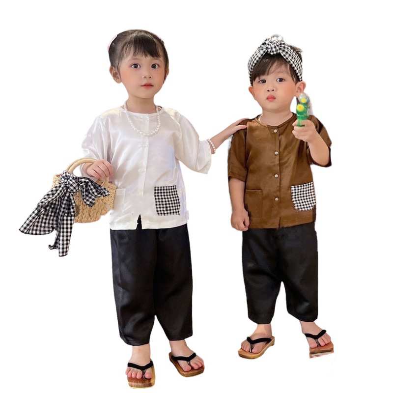 Bộ quần áo bà ba, nông dân túi caro cho bé trai bé gái | Shopee Việt Nam