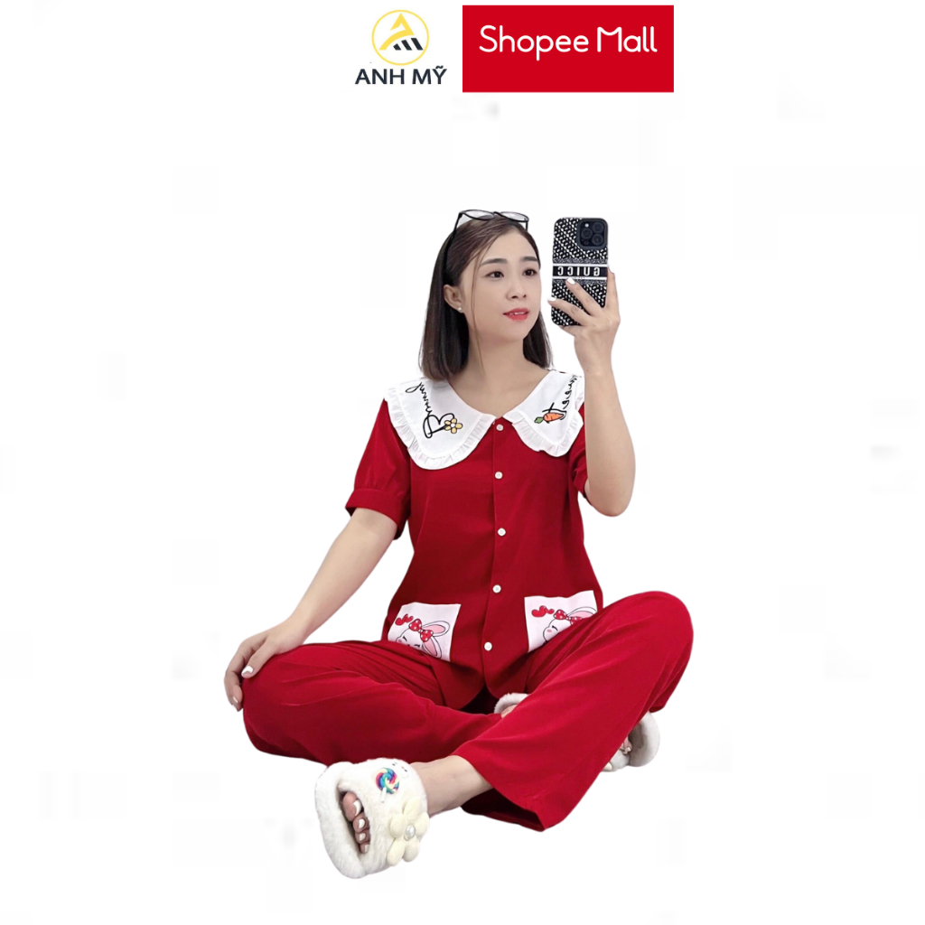 Đồ bộ nữ mặc nhà ANH MỸ, pijama tiểu thư cổ bèo 5D chất liệu lụa mango cao cấp tay ngắn quần dài ...