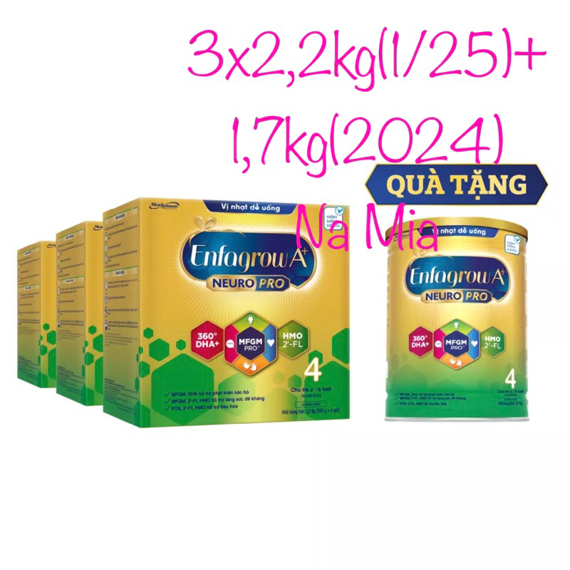 (1 lon 1,7kg cùng loại) bộ 3 , 4 hộp sữa bột enfagrow 4 Neuropro vị nhạt dễ uống 2,2kg 2.2kg ...