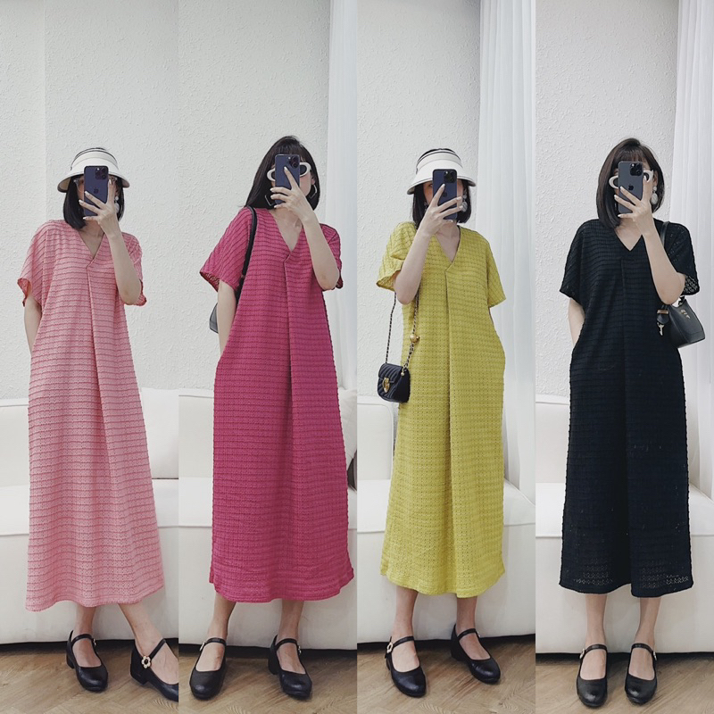 Váy len xốp cổ V xếp ly nhiều màu phom suông A dáng dài | Shopee Việt Nam