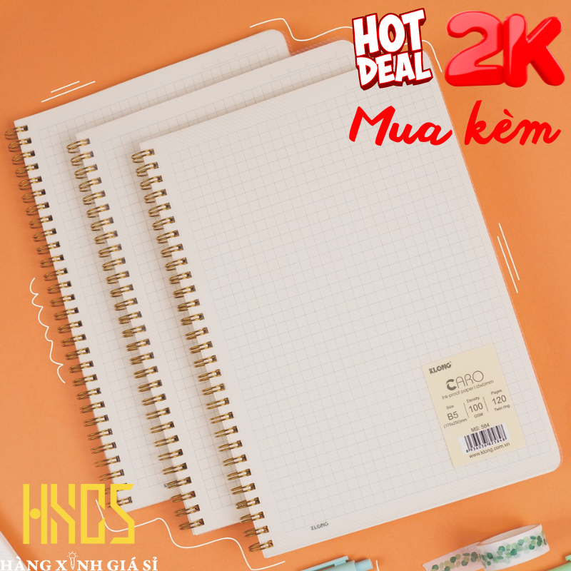 Sổ KLONG B5-A5 Caro 120-200 trang 100gsm lò xo kép ô 6x6 BÌA TRONG, HXGS sổ tập vở klong ...