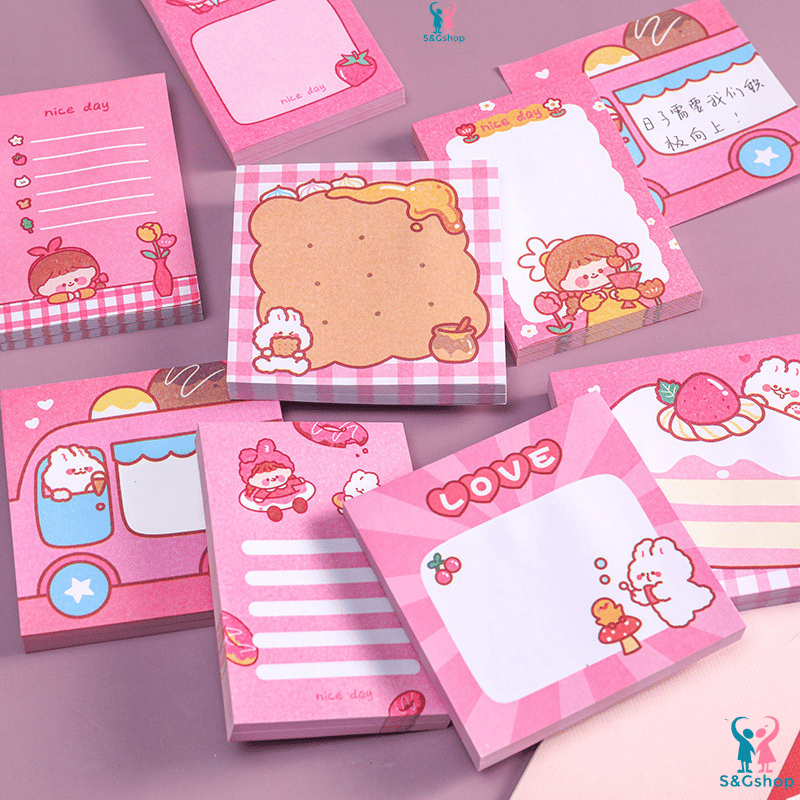 50 tờ giấy note cute hoạt hình hồng, giấy ghi chú dễ thương nhỏ gọn ...