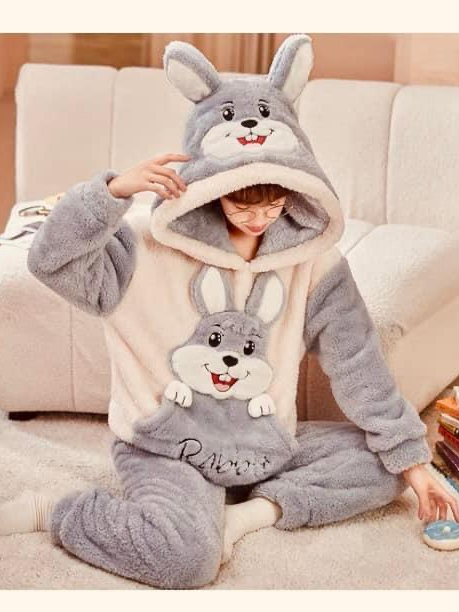 Bộ ngủ lông cừu 2 mặt mượt mà thêu thỏ xám Rabbit mũ trùm đầu dễ thương ...